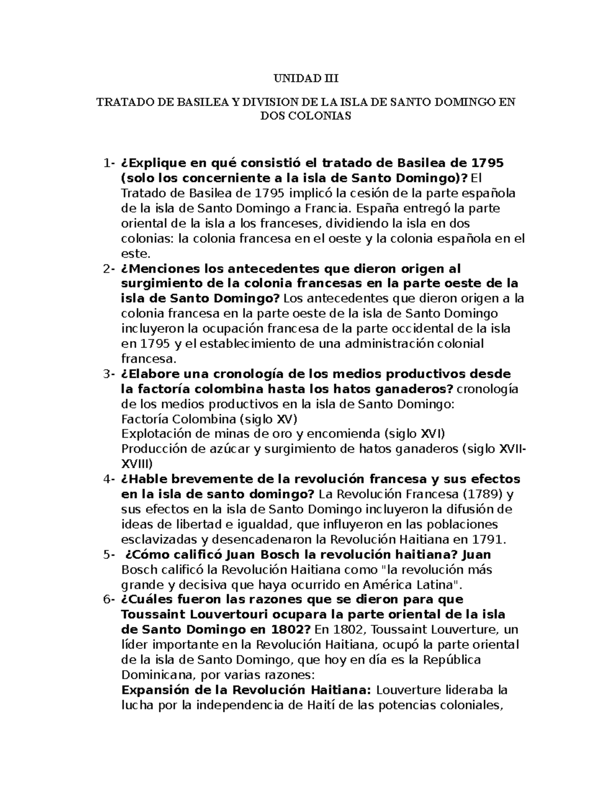 Tratado DE Basilea, Division DE LA ISLA EN DOS Colonia Unidad III - UNIDAD III TRATADO DE ...