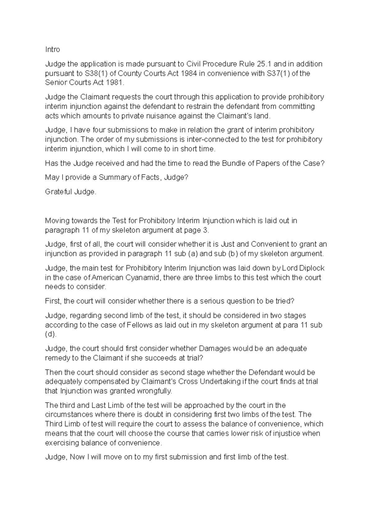 Submissions Advocacy (Interim Relief) - Intro Judge the application is ...