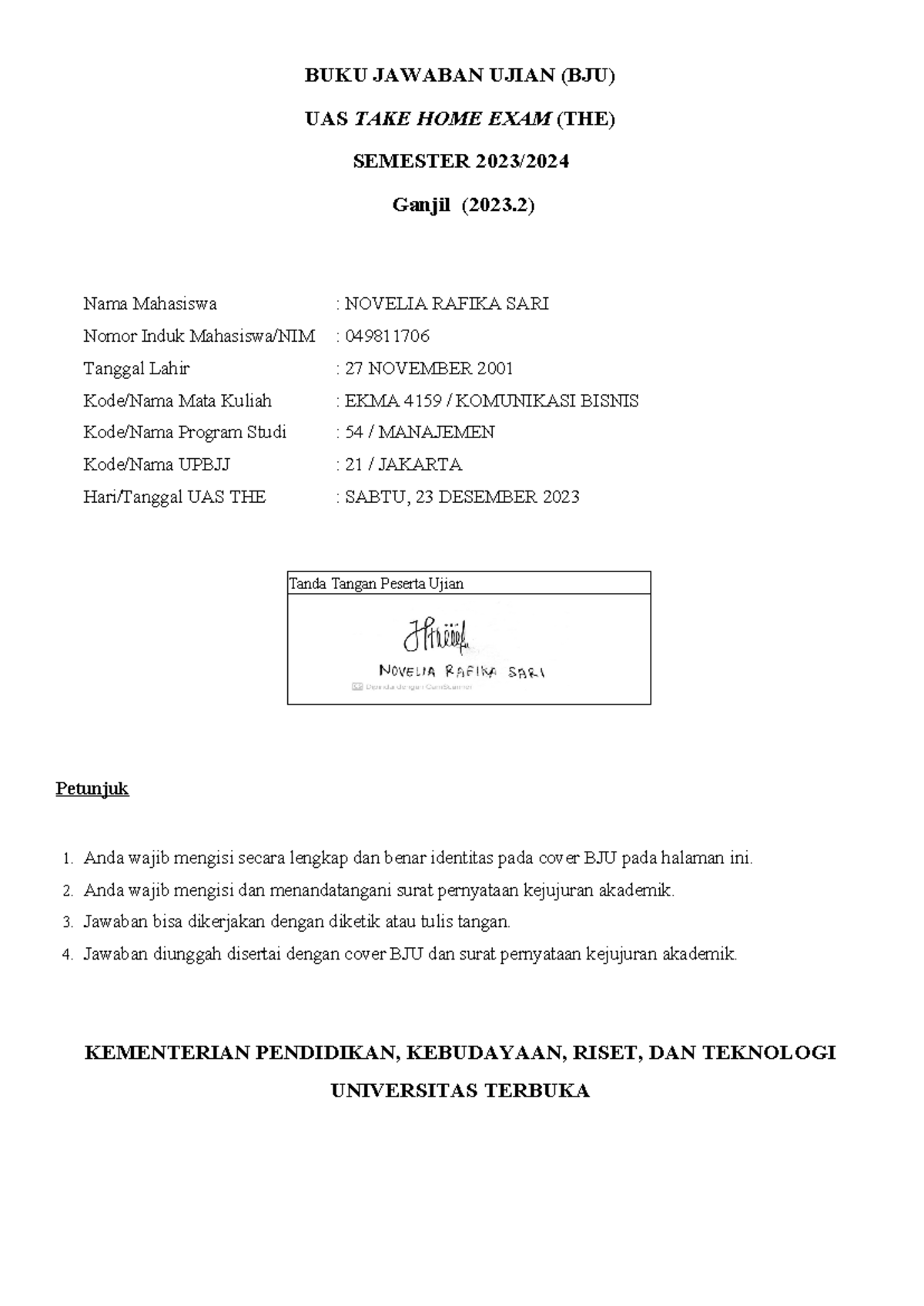 THE Komunikasi Bisnis DES 2023 - Tanda Tangan Peserta Ujian BUKU JAWABAN UJIAN (BJU) UAS TAKE ...
