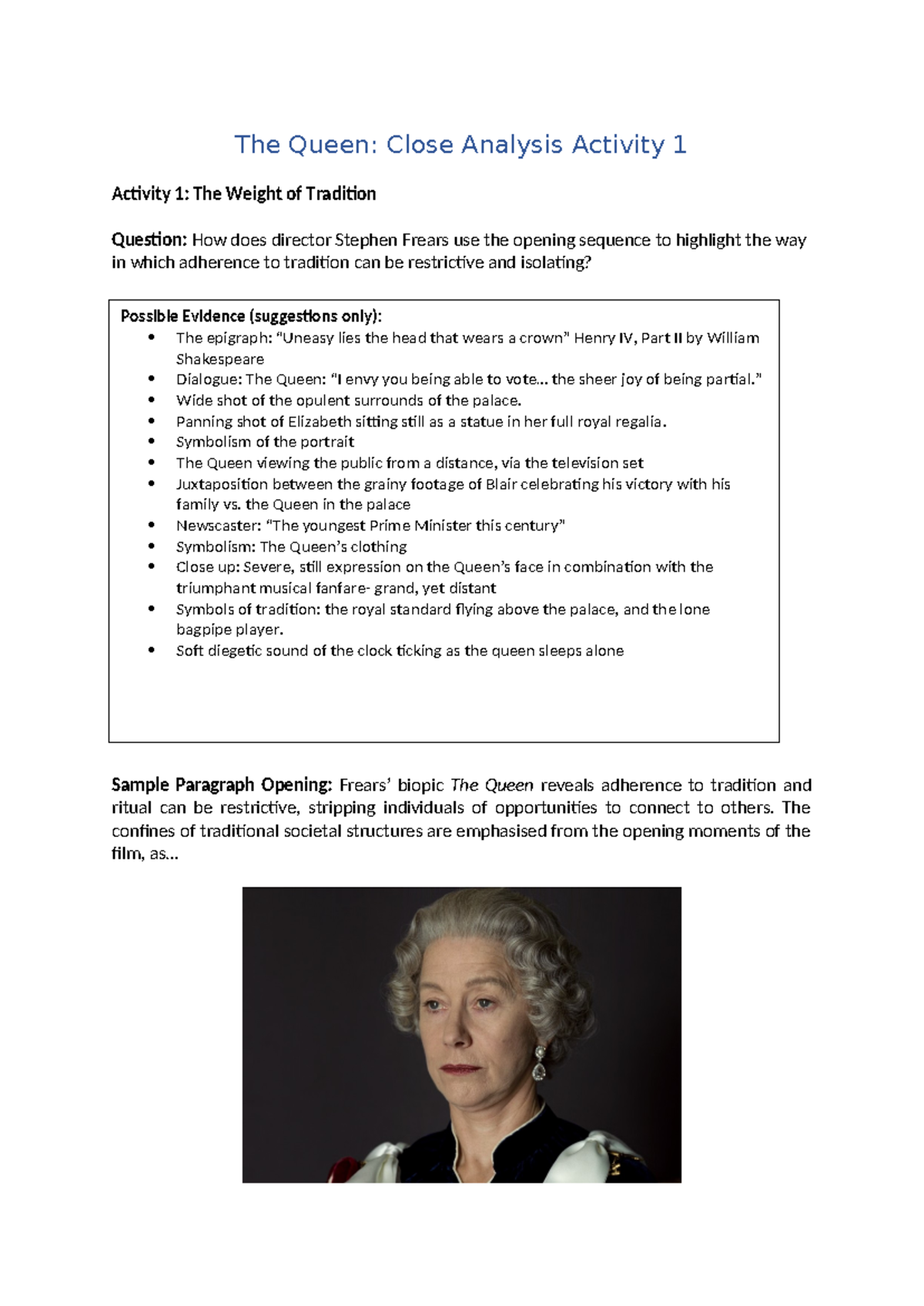 The Queen, close analysis writing activity 1 - The Queen: Close ...