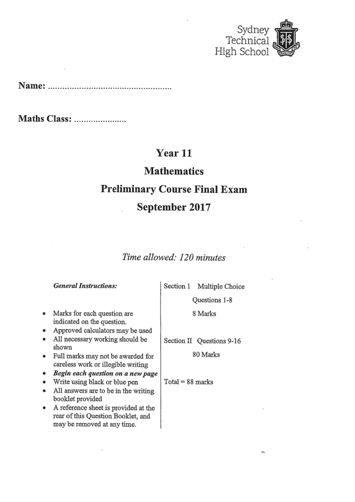 Yearly 2017 - Sydney Tech Mathematics Advanced Paper - EXAMINERS ...