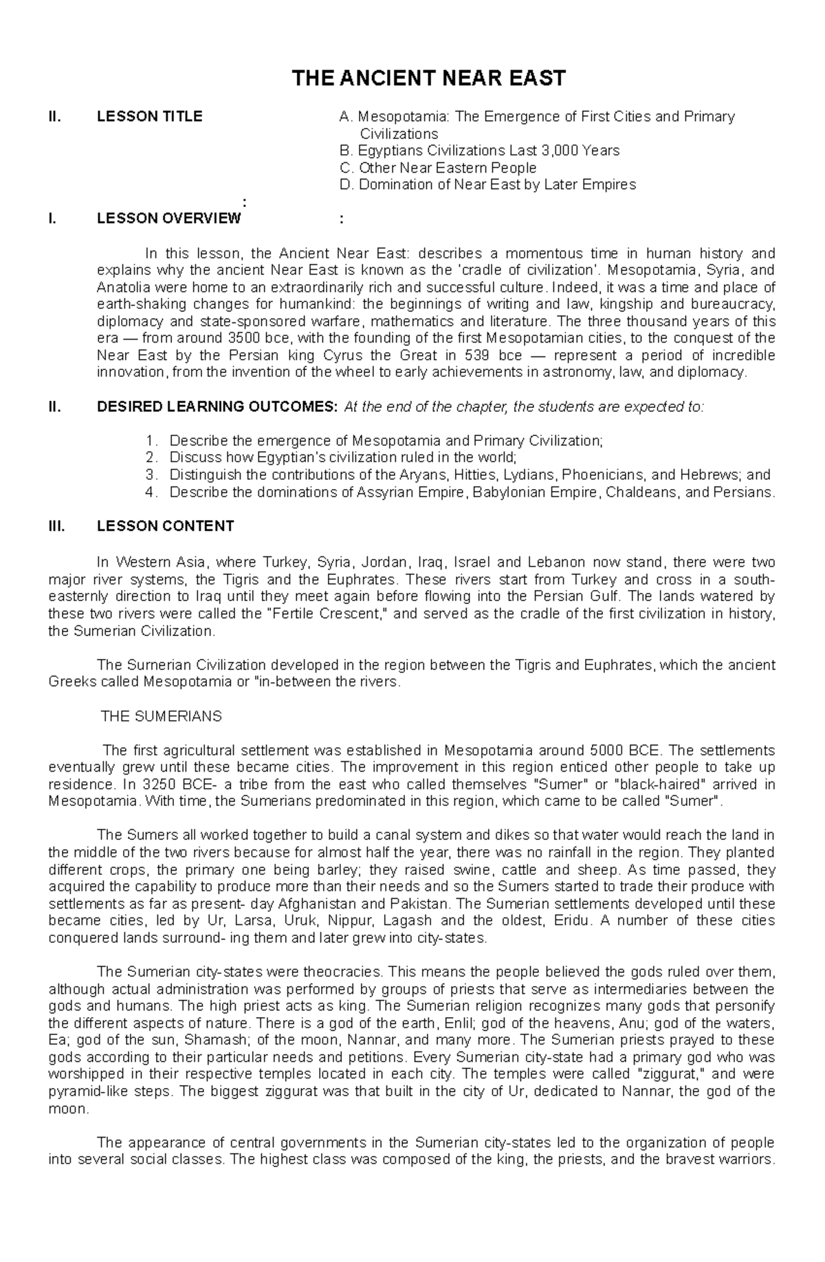 World History THE Ancient NEAR EAST - THE ANCIENT NEAR EAST II. LESSON ...