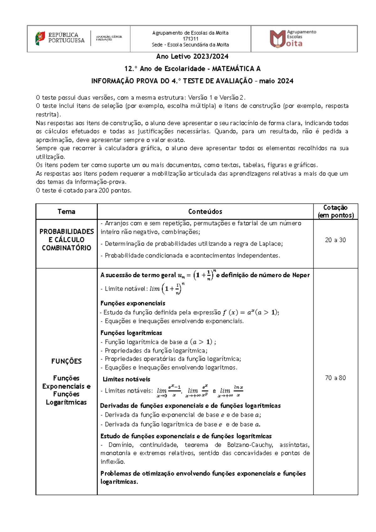 Informação- Prova Teste maio 2024 MAT A 12.ºano - Ano Letivo 20 23 / ...