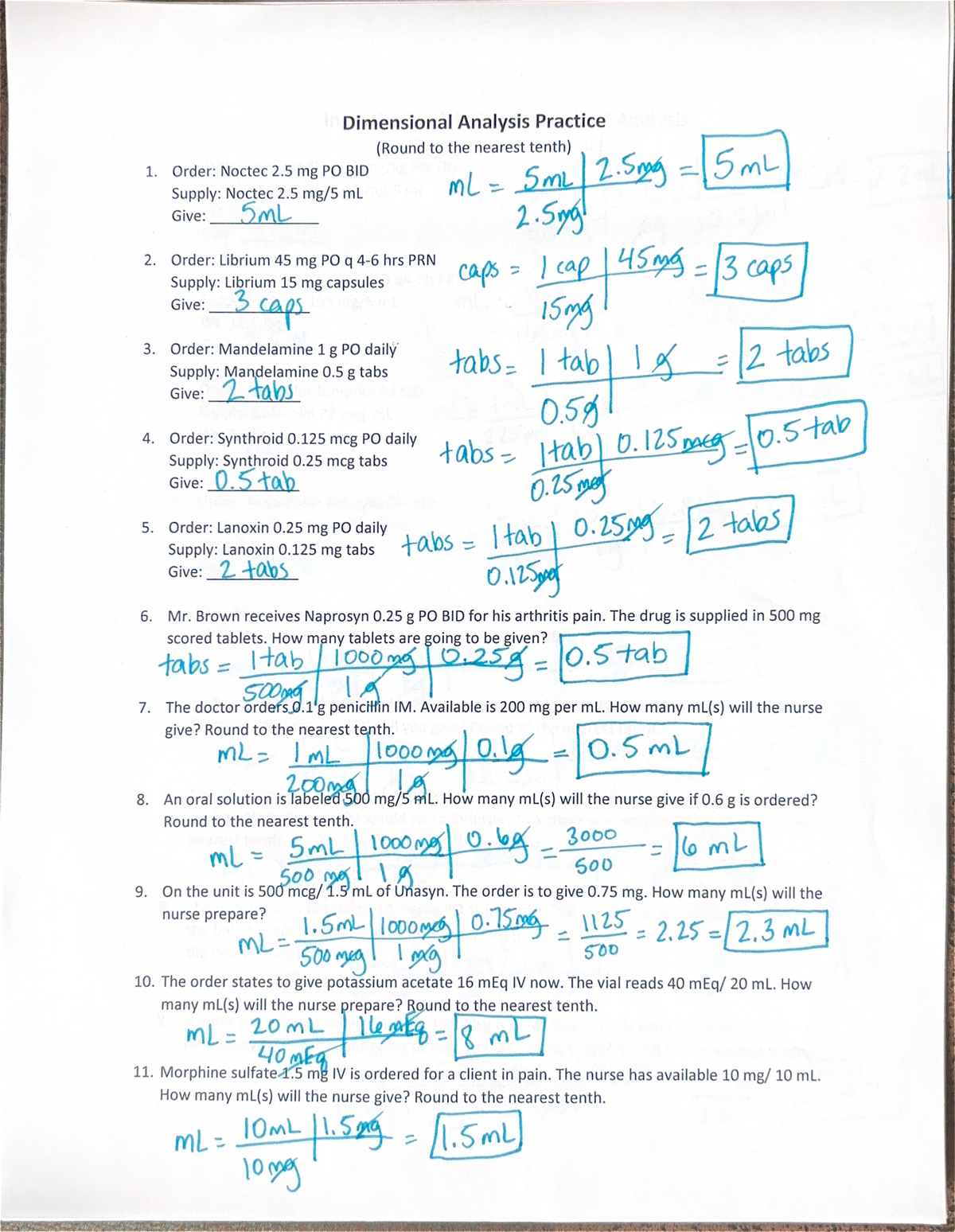 Med Math Review Packet #3 Key - Dimensional Analysis Practice (Round to ...