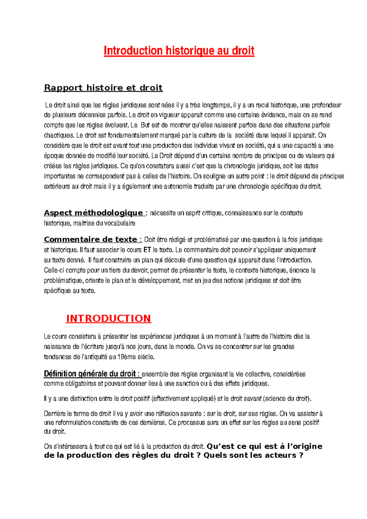 Intro historique au droit cour - Introduction historique au droit Rapport histoire et droit Le ...