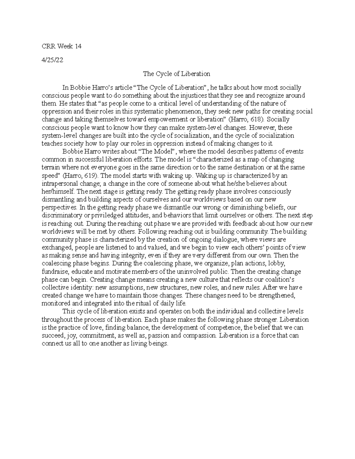 CRR Week 14 - EDUC 210 - CRR Week 14 4/25/ The Cycle of Liberation In ...