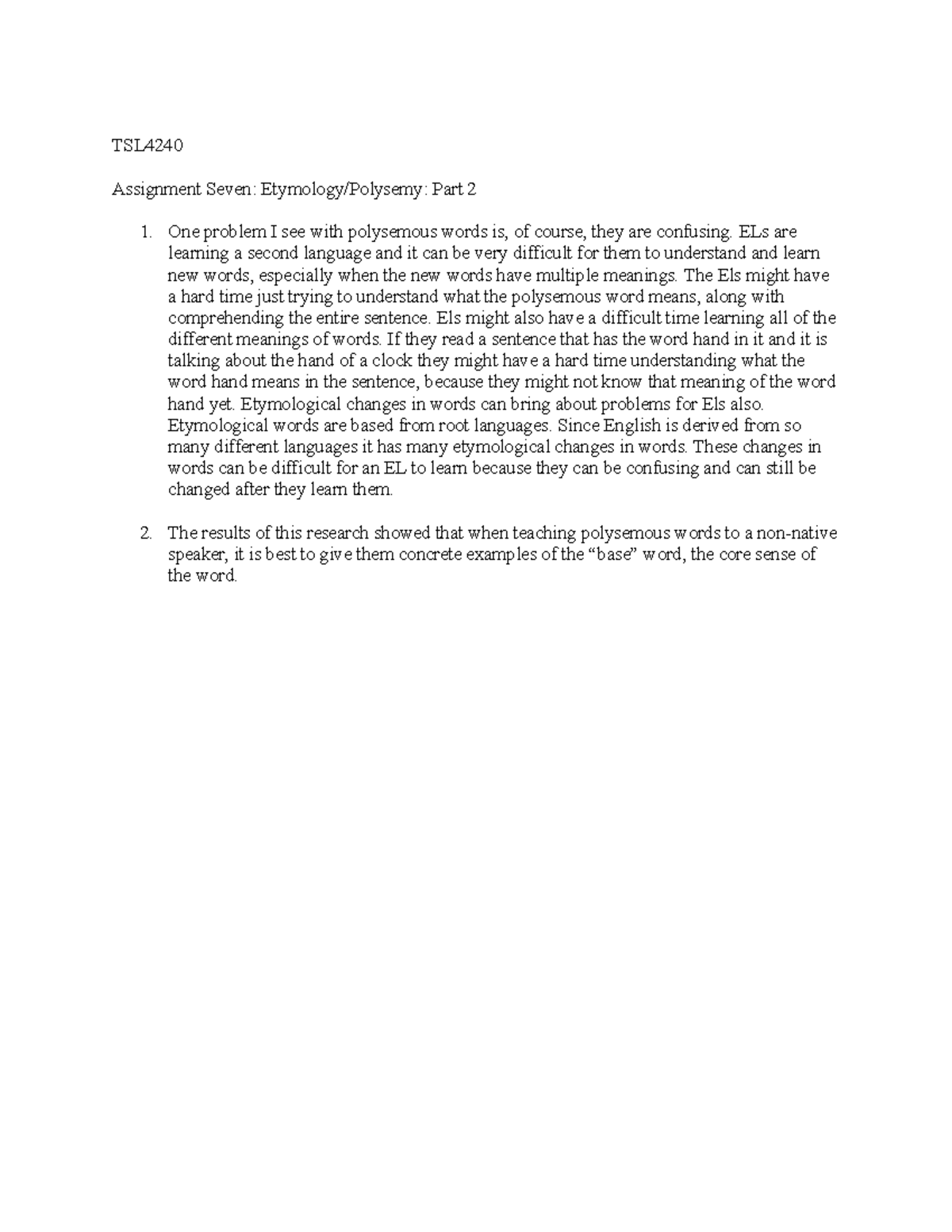 Assignment Seven- Etymology:Polysemy- Part 2 - TSL Assignment Seven ...