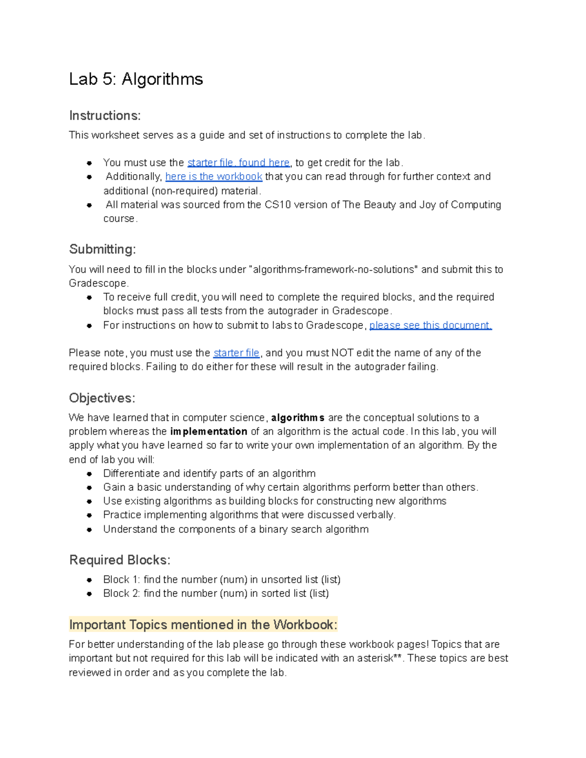 Lab 5 Algorithms (Binary Search) - Lab 5: Algorithms Instructions: This worksheet serves as a ...