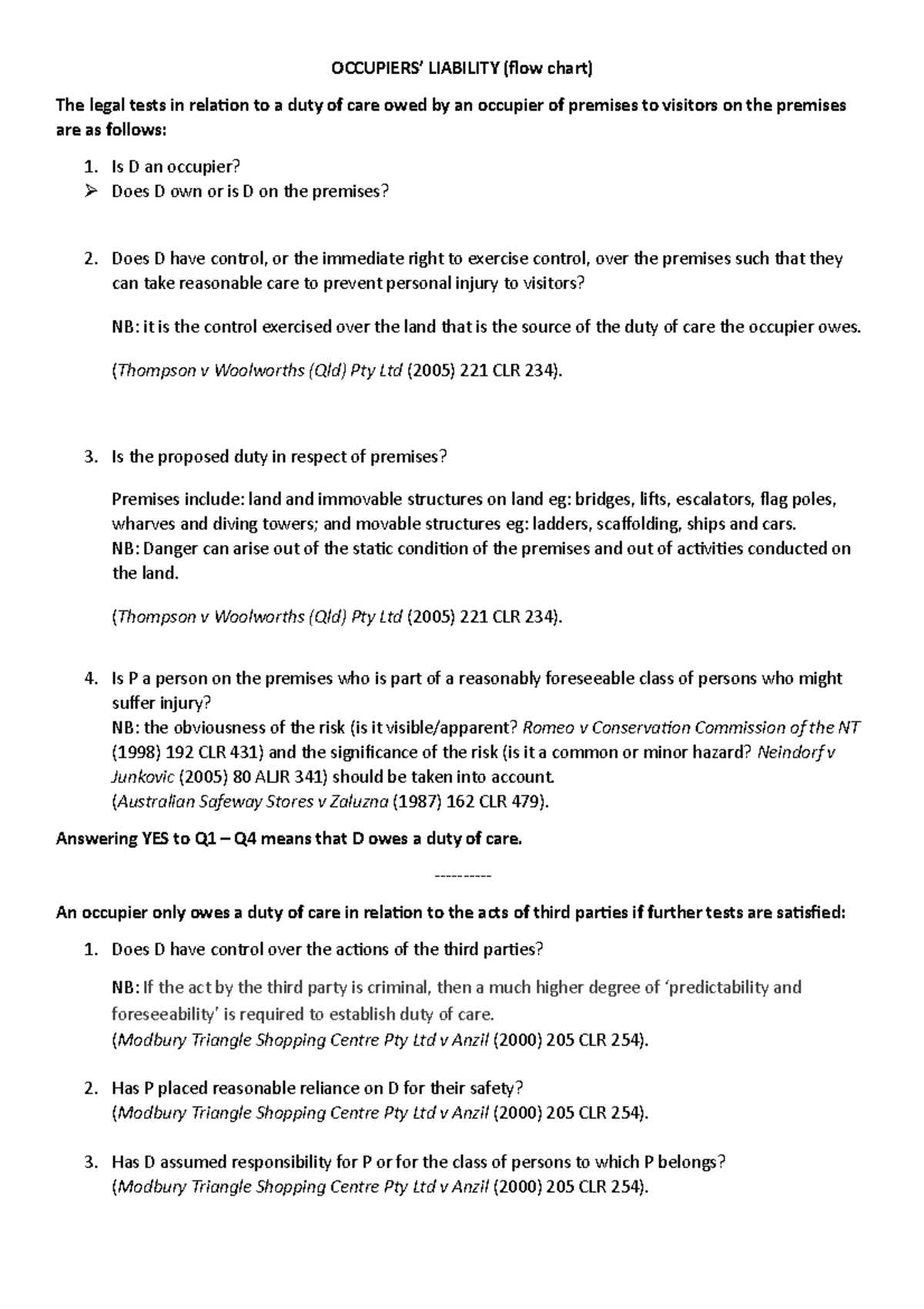Occupiers Liability Flow chart - OCCUPIERS’ LIABILITY (flow chart) The ...