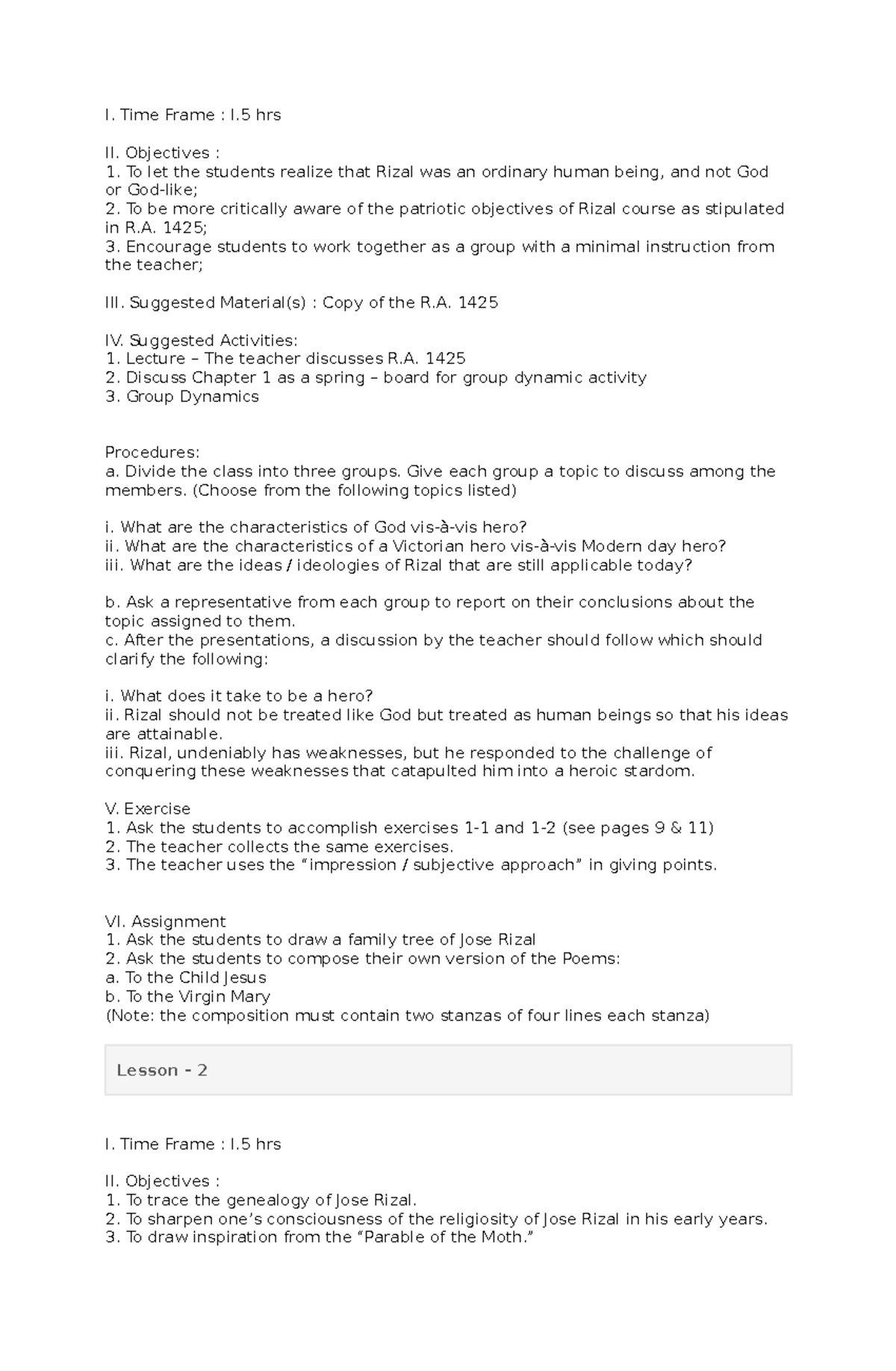 Activities on the life and Works of Jose - I. Time Frame : I hrs II ...