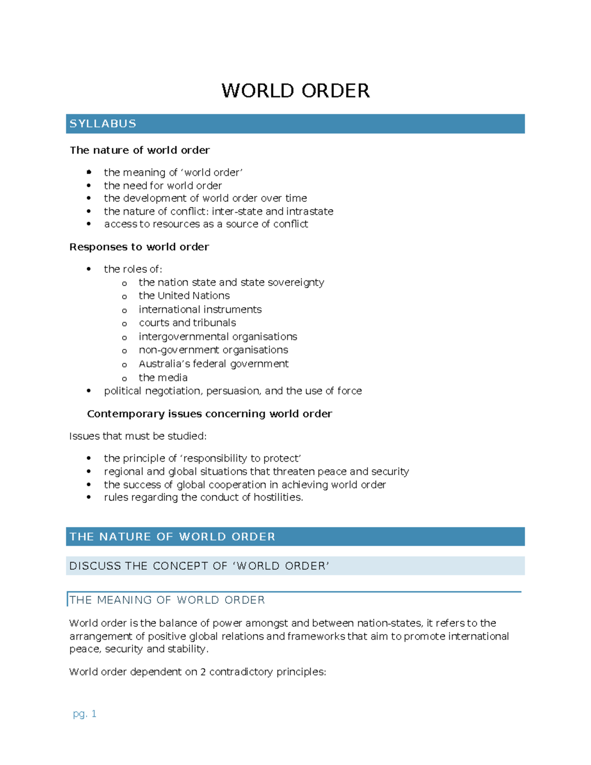 Legal Studies- World Order - WORLD ORDER SYLLABUS The nature of world ...