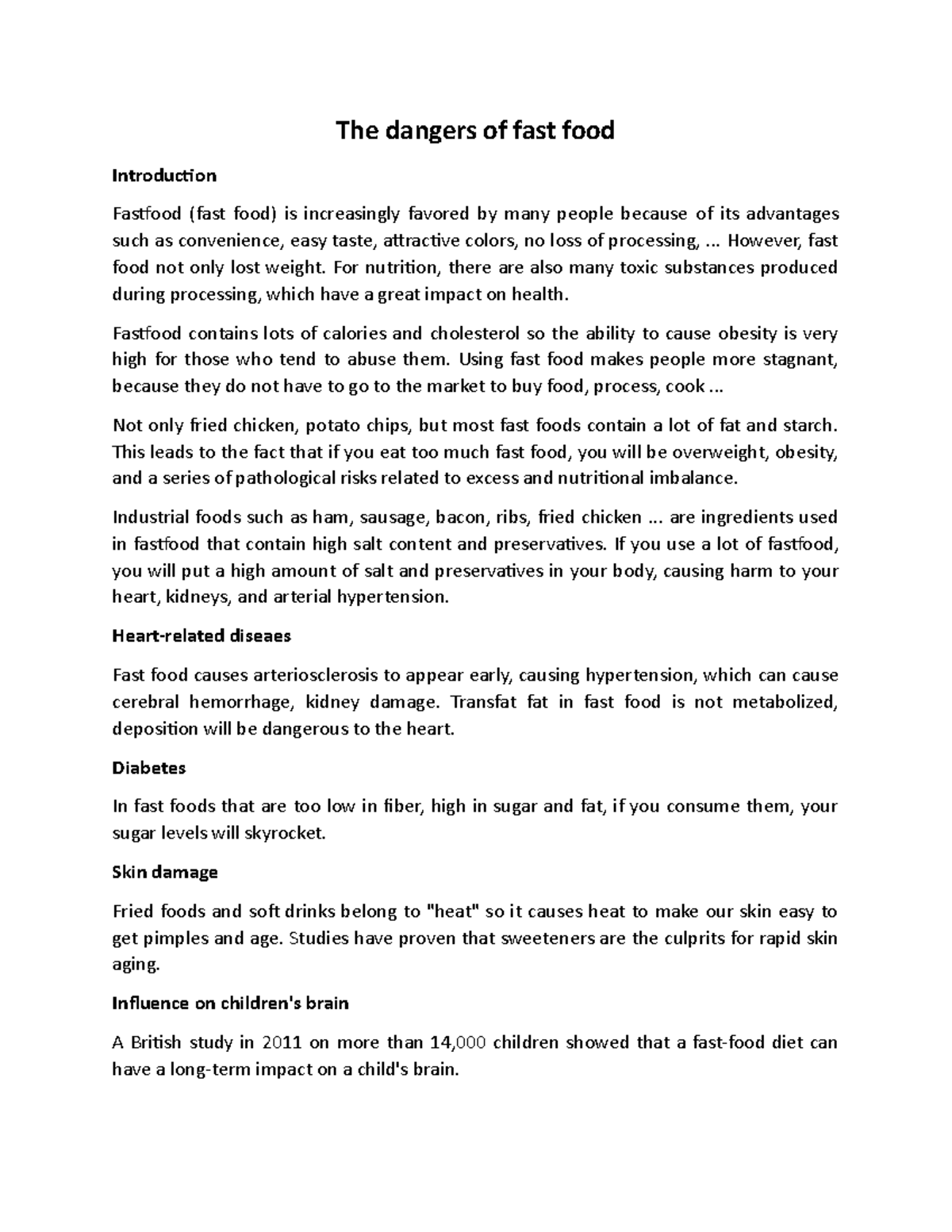 The dangers of fast food - The dangers of fast food Introduction ...