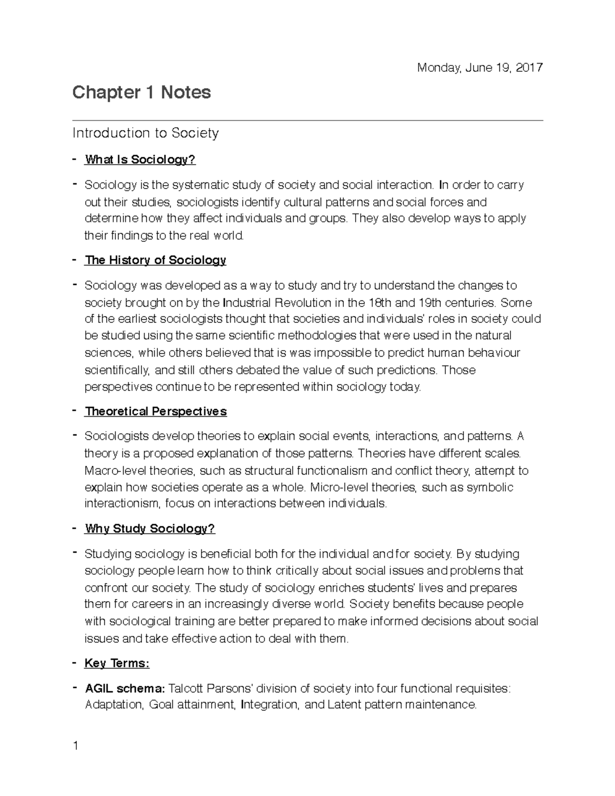 Chapter 1 Notes - Intro to Society - Monday, June 19, 2017 Chapter 1 ...