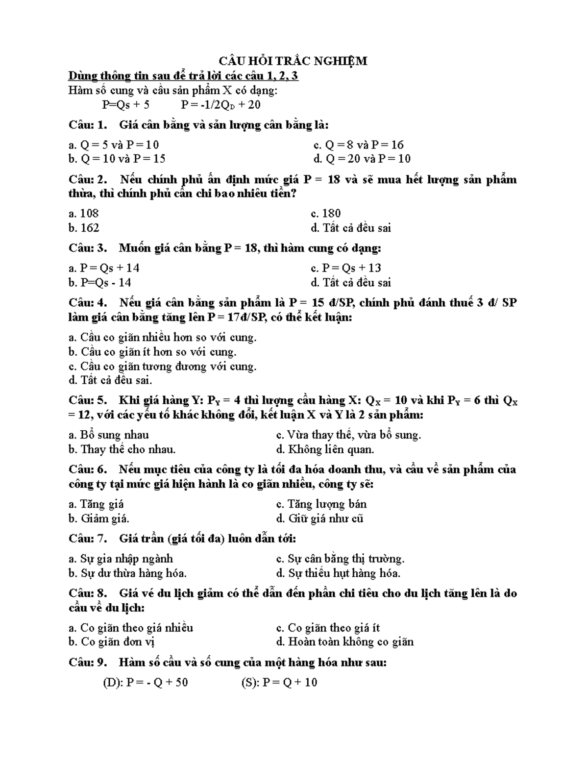Micro chuong 2 160322 - vfdv - CÂU HỎI TRẮC NGHIỆM Dùng thông tin sau để trả lời các câu 1, 2, 3 ...