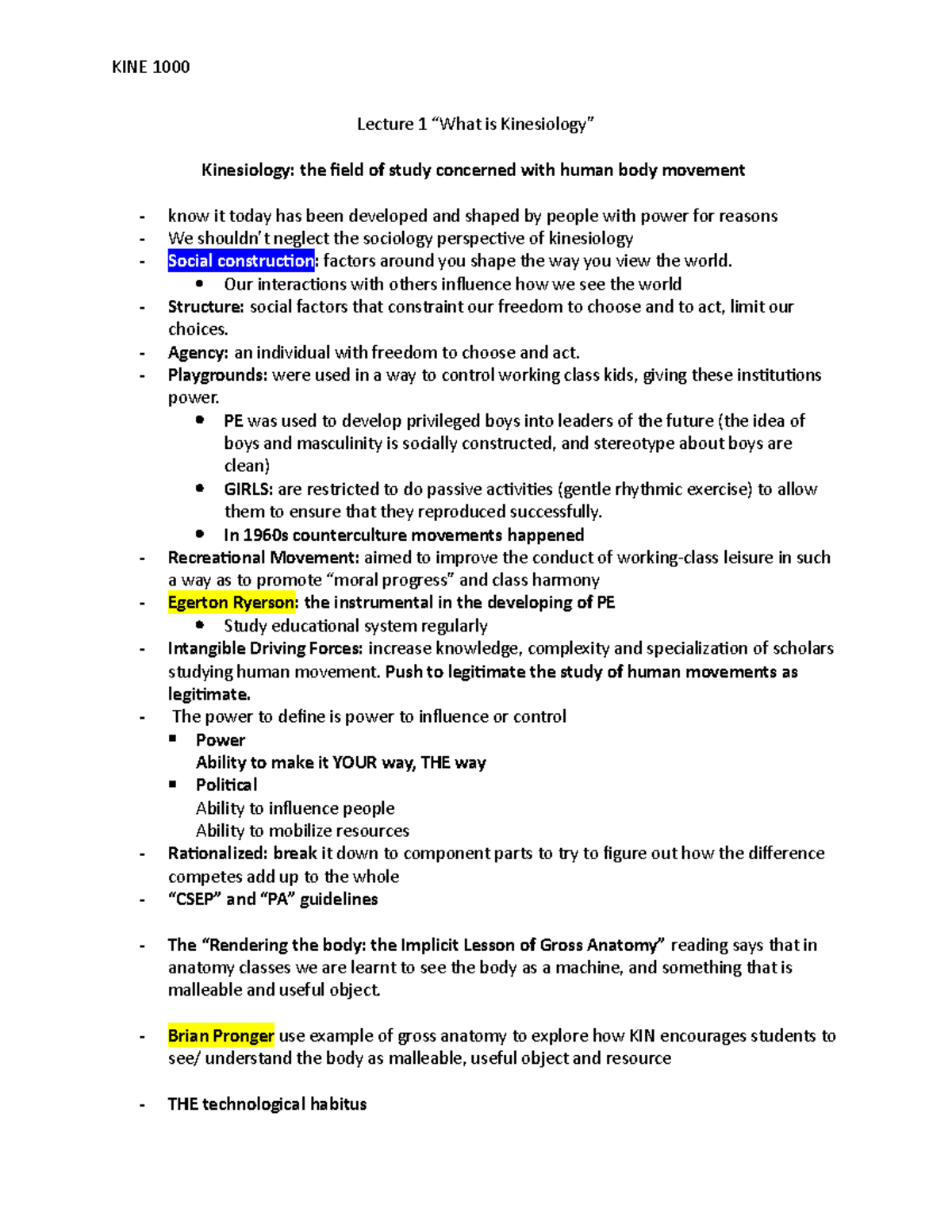 Lecture 1 notes - KINE 1000 Lecture 1 “What is Kinesiology” Kinesiology ...