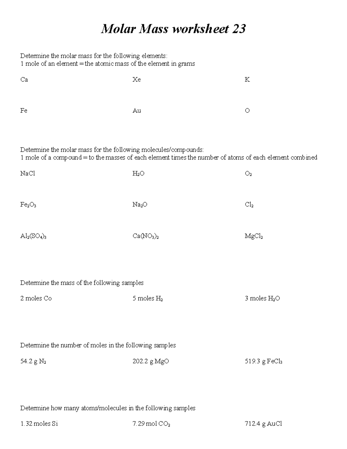 Wksht 23 Molar Mass worksheet - Molar Mass worksheet 23 Determine the ...