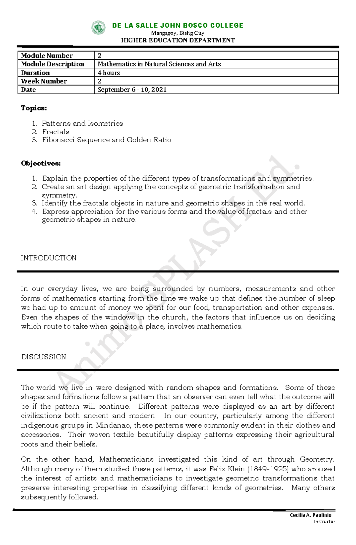 MMW- Module 2 - Mathematics in Natural Sciences and Arts - Mangagoy ...