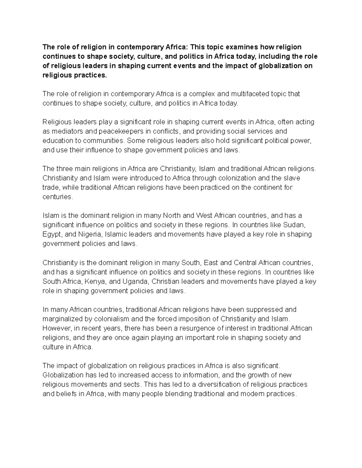 AFST 17 - Notes for Africana Studies 171 - The role of religion in ...