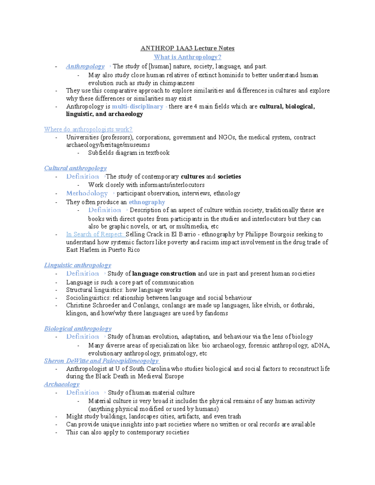 Anthrop 1AA3 Lecture Notes - ANTHROP 1AA3 Lecture Notes What is ...