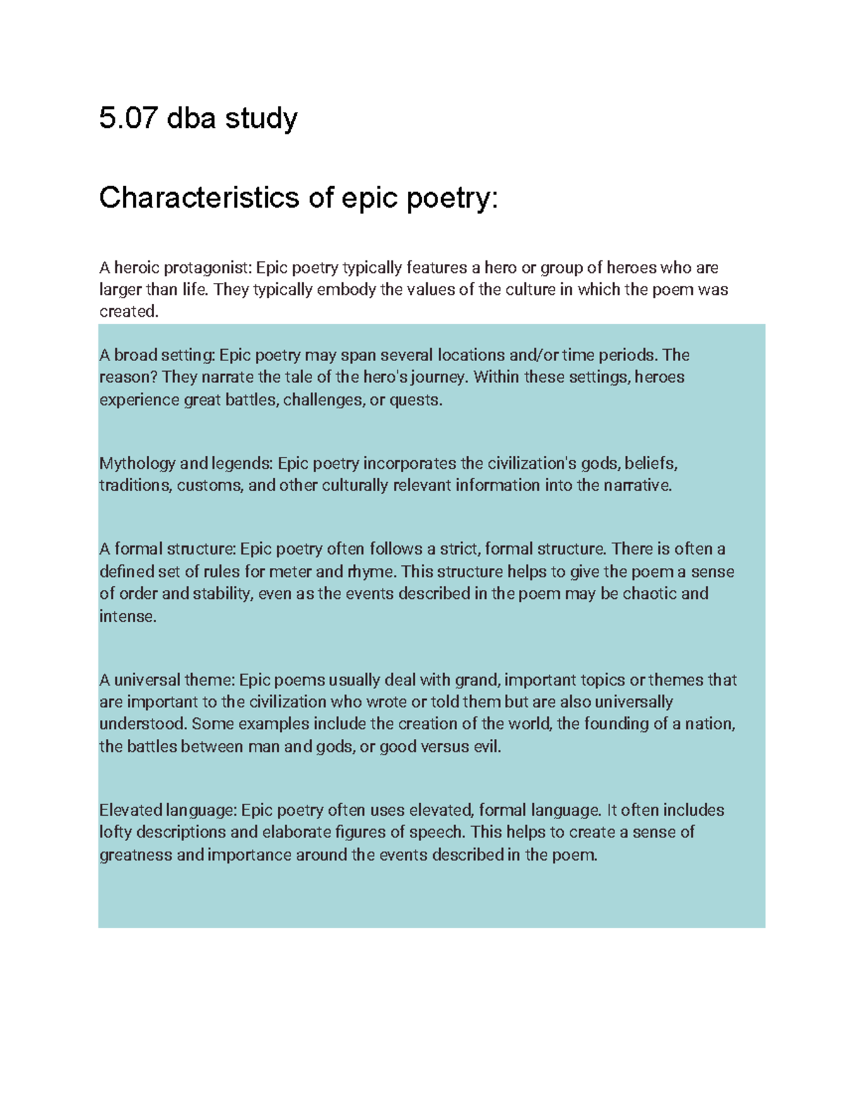 507 dba study english - 5 dba study Characteristics of epic poetry: A ...