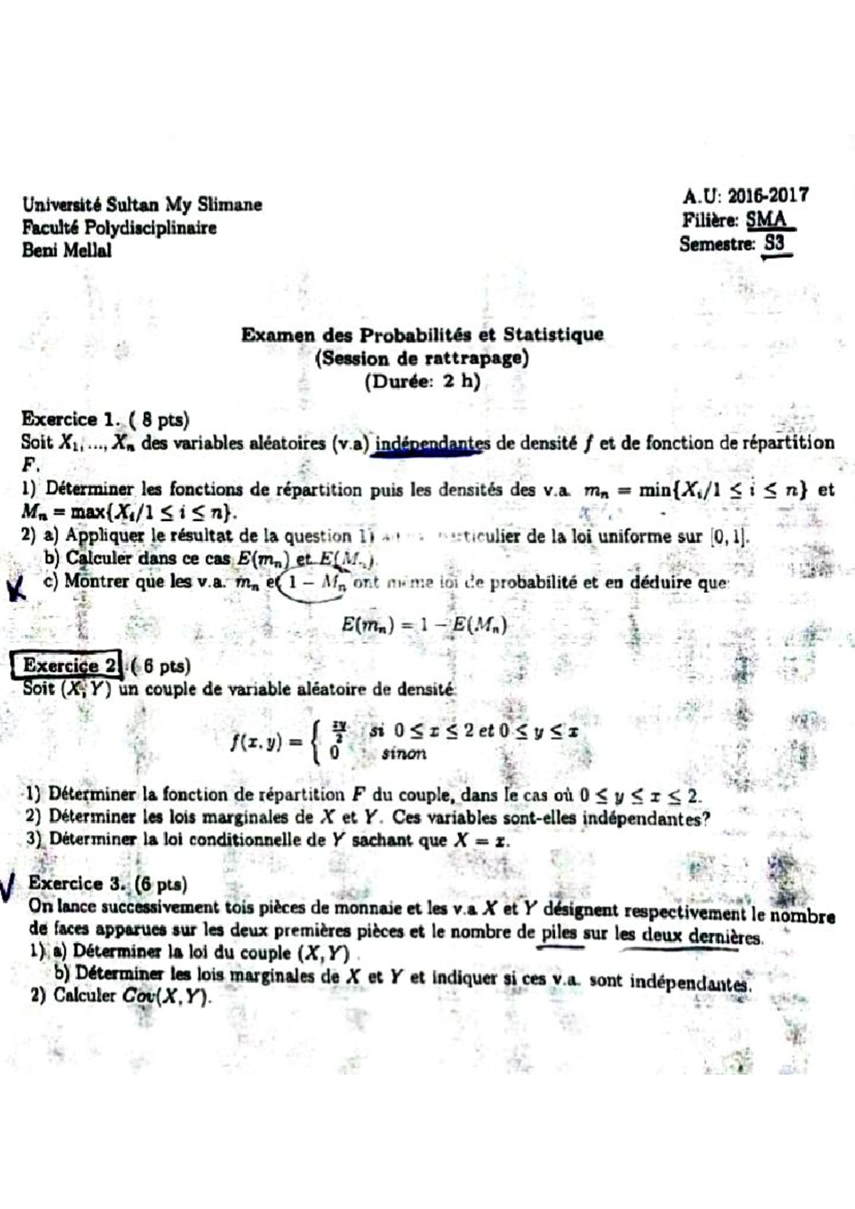 Exams DE Probabilité S3 SMA - Probabilités Et Statistiques - Studocu