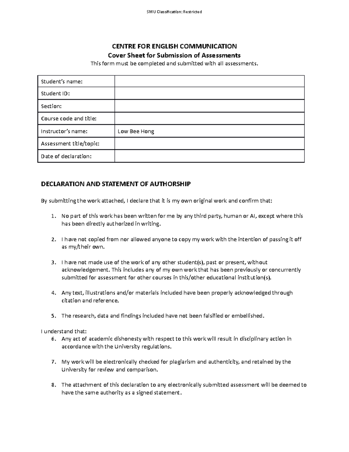 Cover sheet for assessment submission - CENTRE FOR ENGLISH ...
