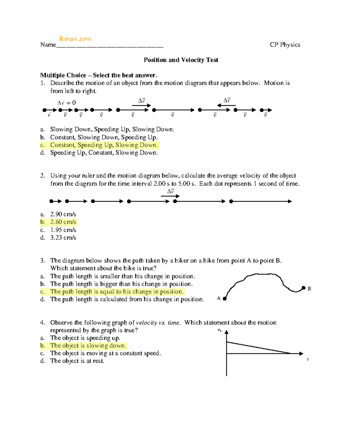 Displacement and Velocity Test - Name ...