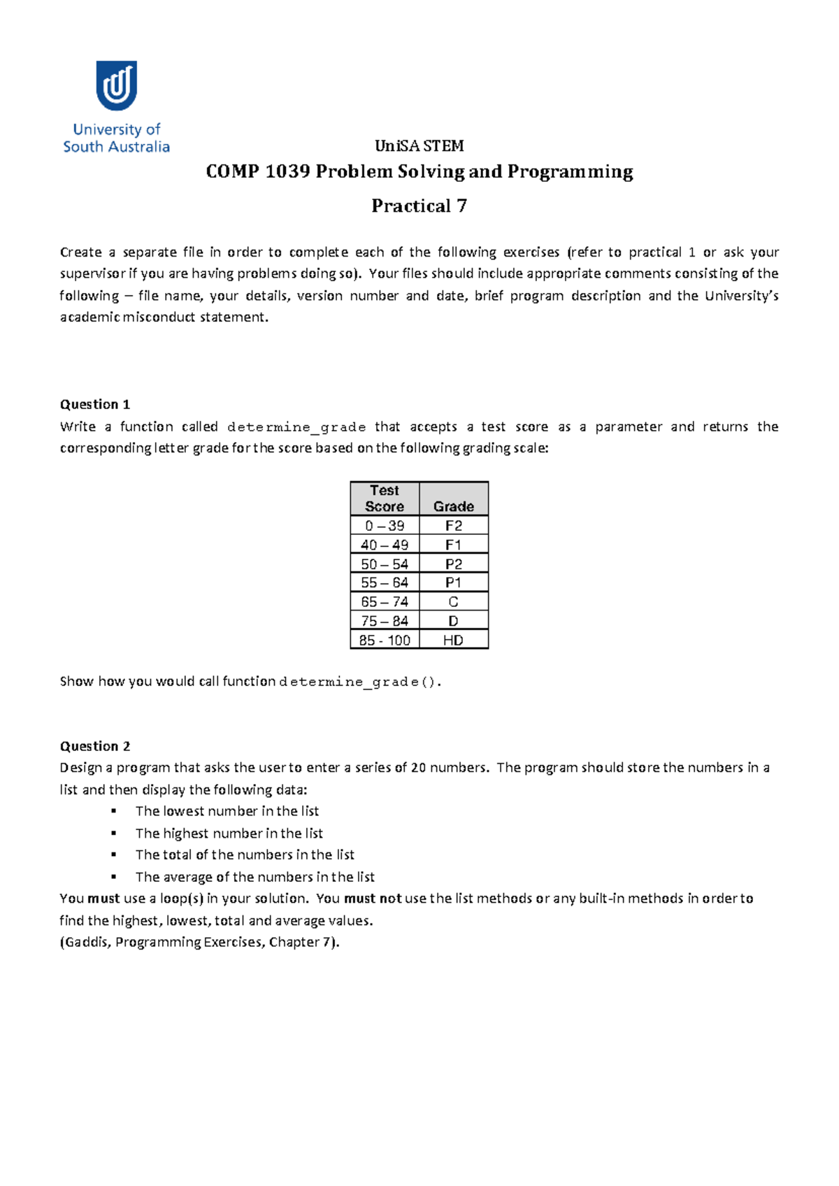 PSP practical 07 - practice material - UniSA STEM COMP 103 9 Problem Solving and Programming ...