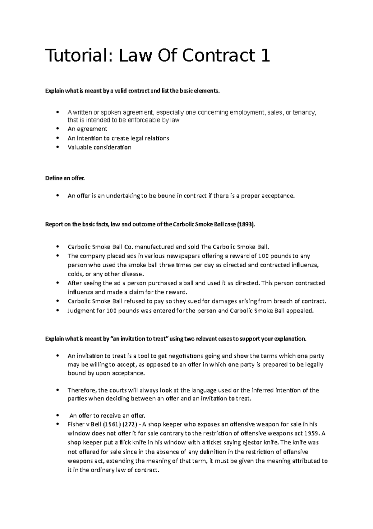 Tutorial Contract 1 - Tutorial: Law Of Contract 1 Explain what is meant ...