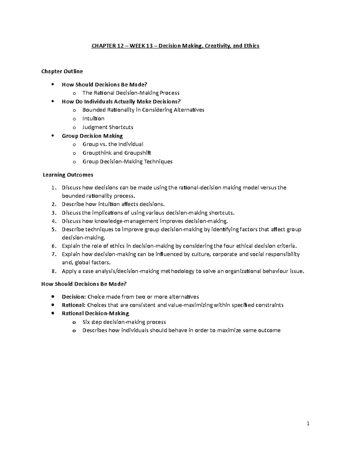 Chapter 12 - Lecture notes 12 - CHAPTER 12 – WEEK 13 – Decision Making ...
