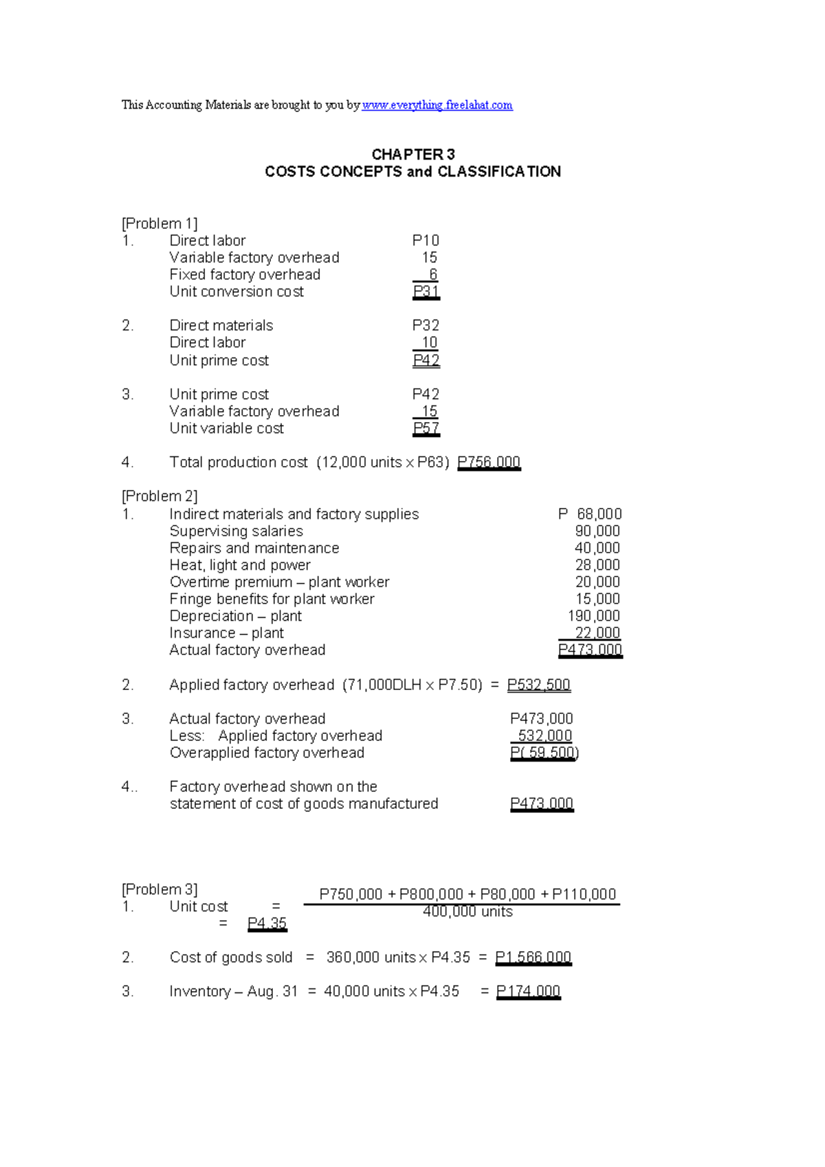 Chapter 3 - Costs Concepts and Classification - P750,000 + P800,000 ...