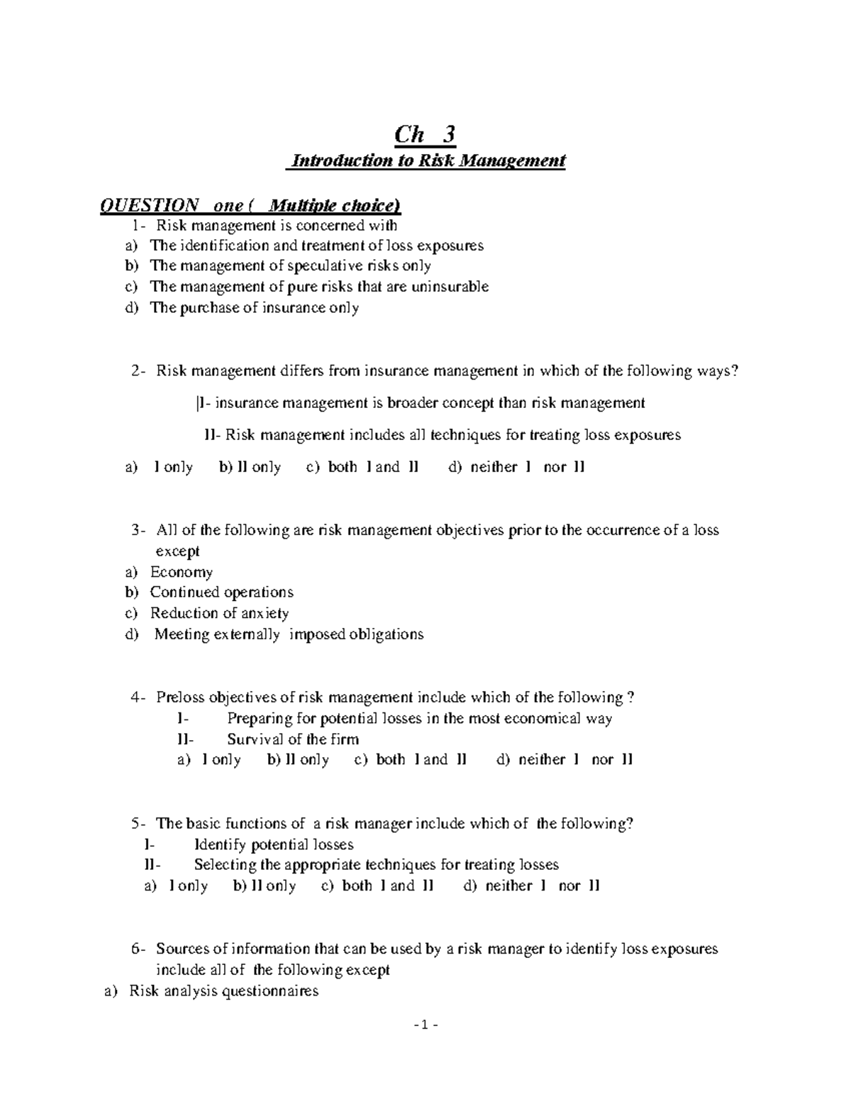 Questions and discussions ch -3 pdf - Ch 3 Introduction to Risk ...