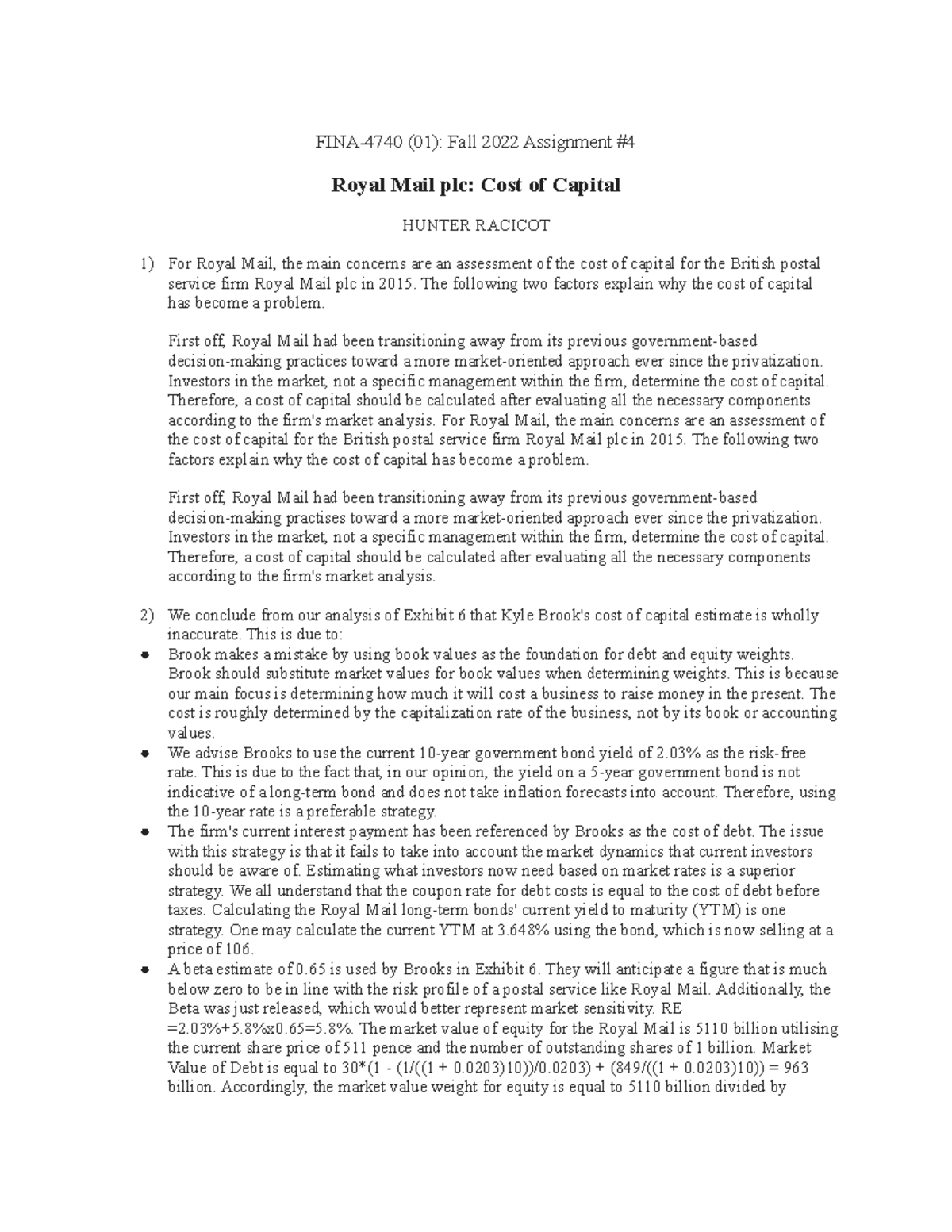 FINA-4740 (01) Fall 2022 Assignment #4 - FINA-4740 (01): Fall 2022 Assignment Royal Mail plc ...