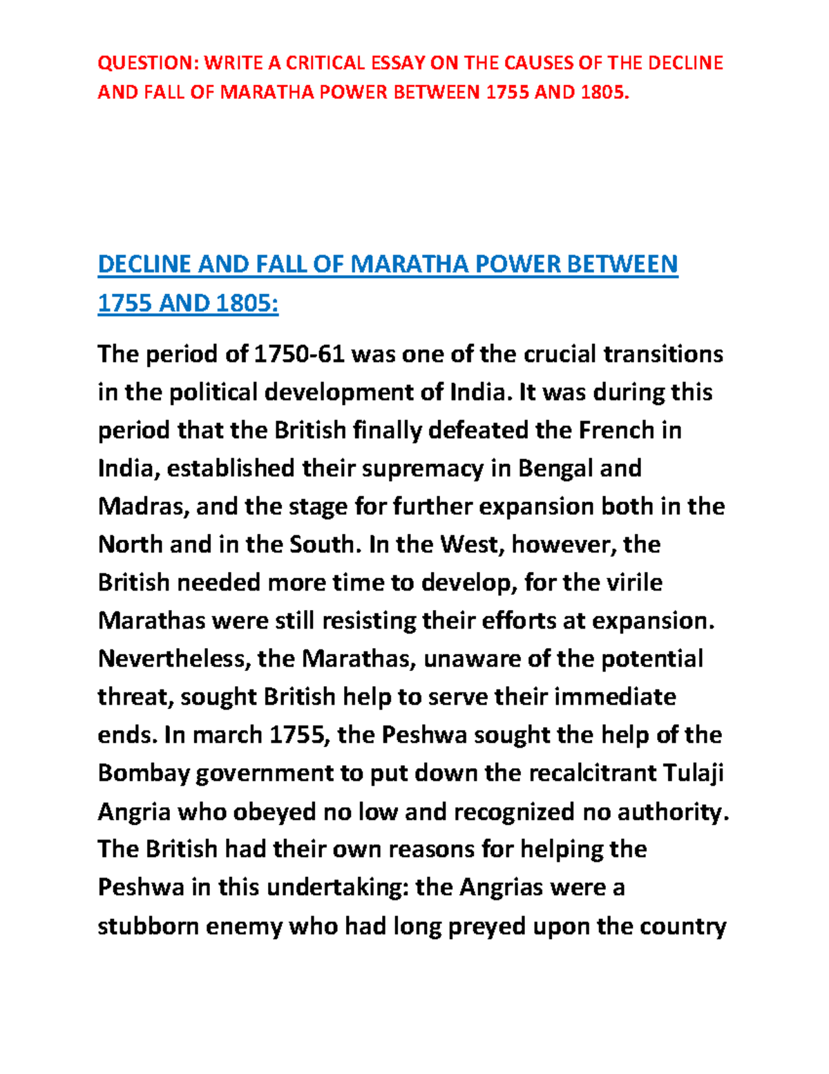 Masters assignment - AND FALL OF MARATHA POWER BETWEEN 1755 AND 1805 ...