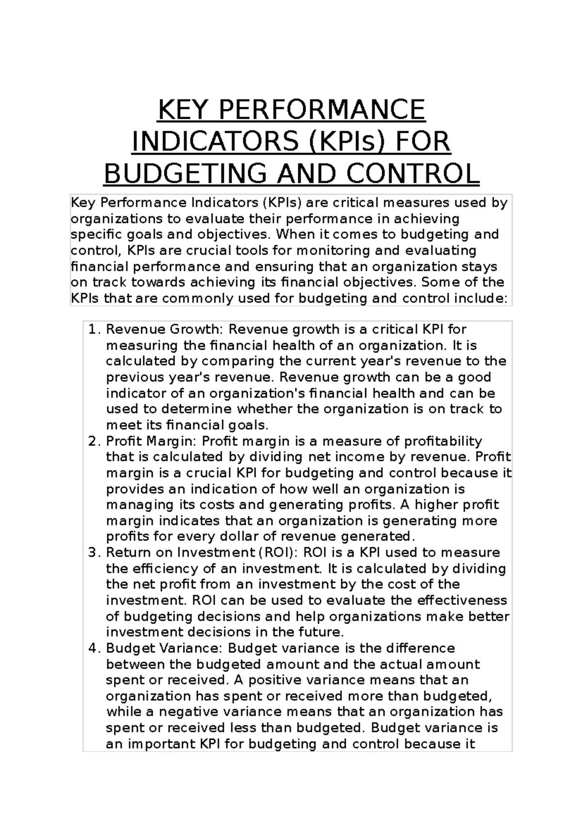KEY Performance Indicators (KPIs) FOR Budgeting AND Control - KEY ...