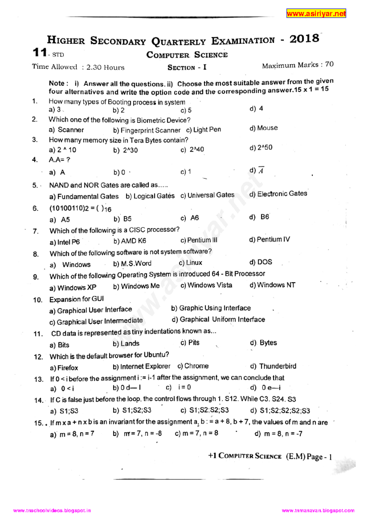 11th computer science question paper for quarterly exam 2018 - asiriyar ...
