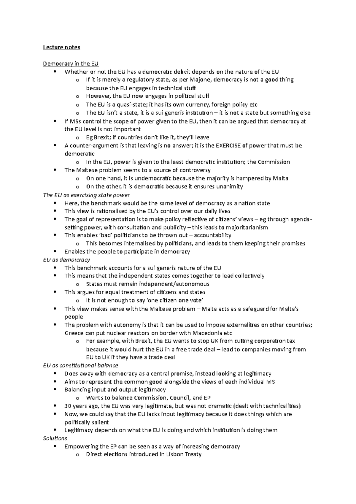 Democracy Notes (Full) - Lecture notes Democracy in the EU Whether or ...