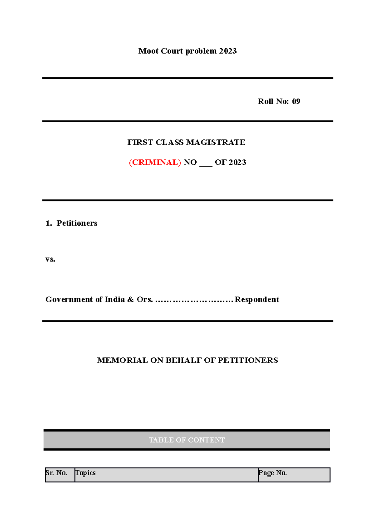 Memorial Documents - Moot Court problem 2023 Roll No: 09 FIRST CLASS ...