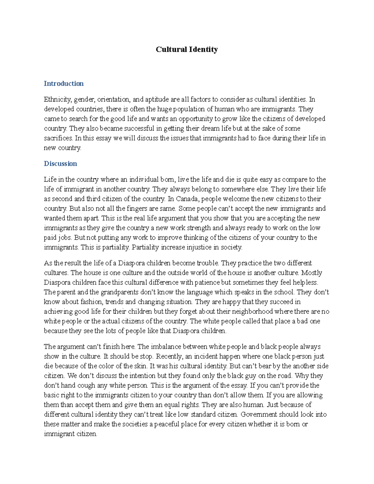 Cultural Identity Introduction and main body part. - Cultural Identity ...