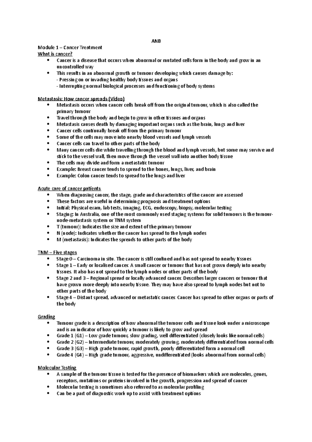 ANB - Module 1 - Lecture notes on first week - ANB Module 1 – Cancer ...