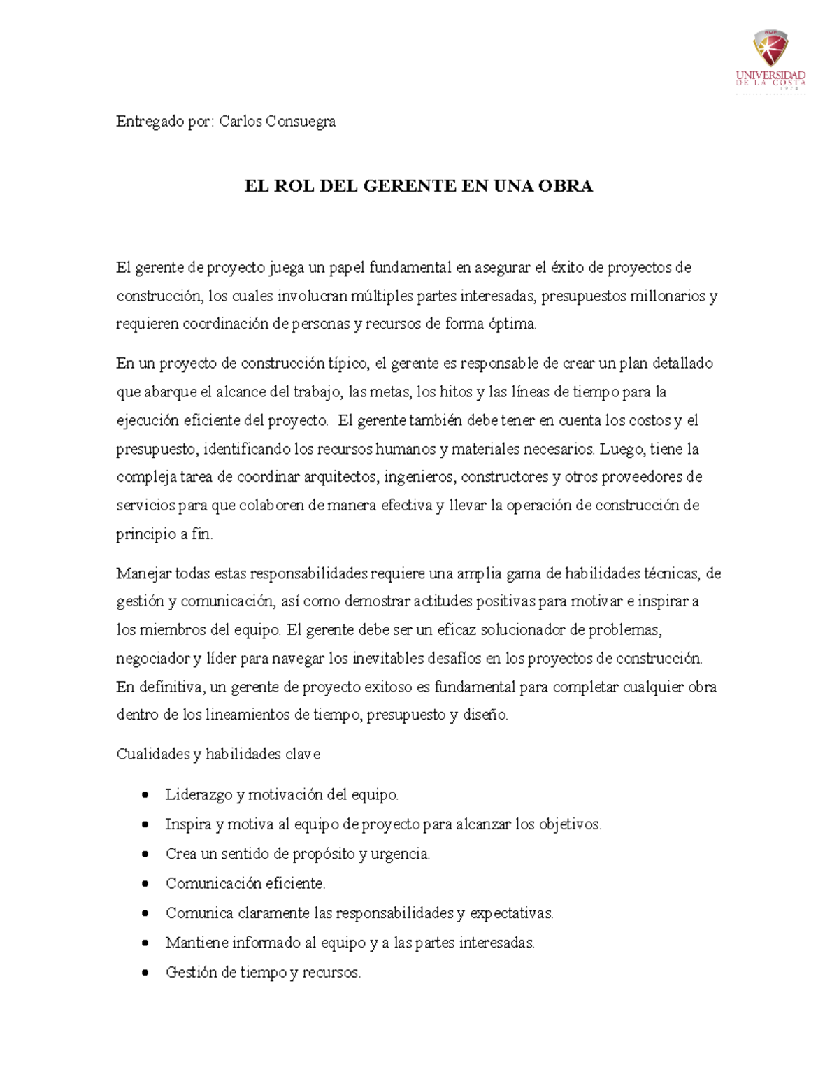Ensayo DEL ROL DE UN Gerente - Entregado por: Carlos Consuegra EL ROL ...