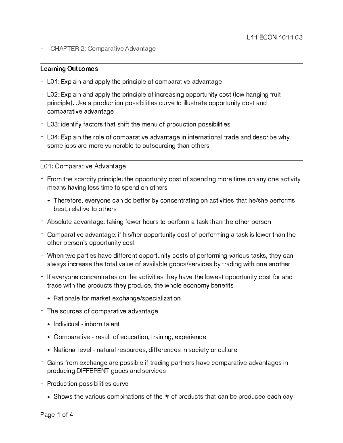 Chapter 2 Comparative Advantage Notes - L11 ECON 1011 03 - CHAPTER 2 ...