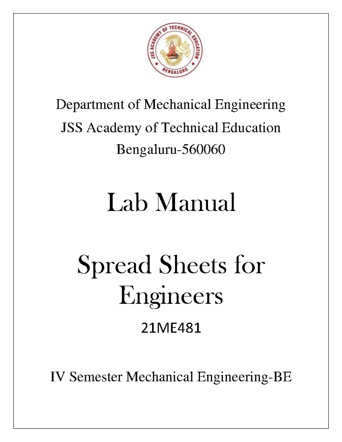 Spread sheet for engineers 21ME481 Lab manual - Department of ...