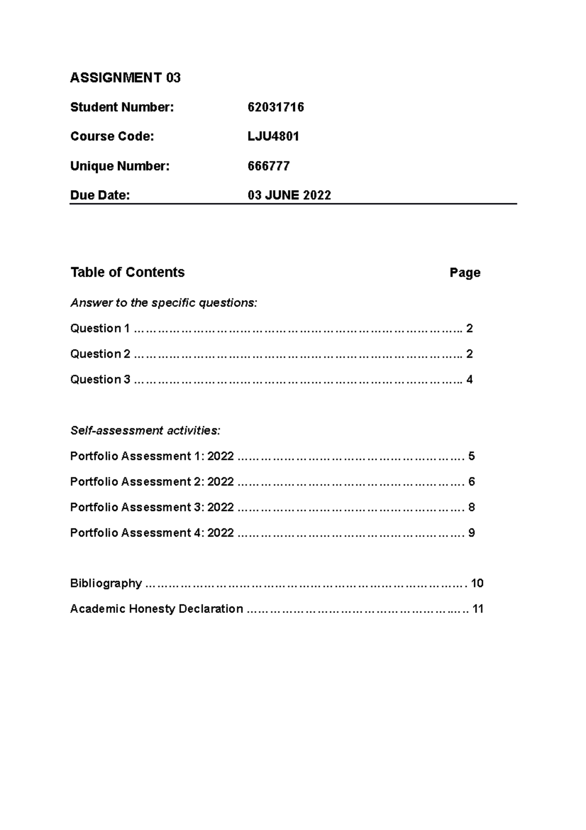 LJU4801 - Assignment 03 (666777) - Table of Contents Page Question 1 ...