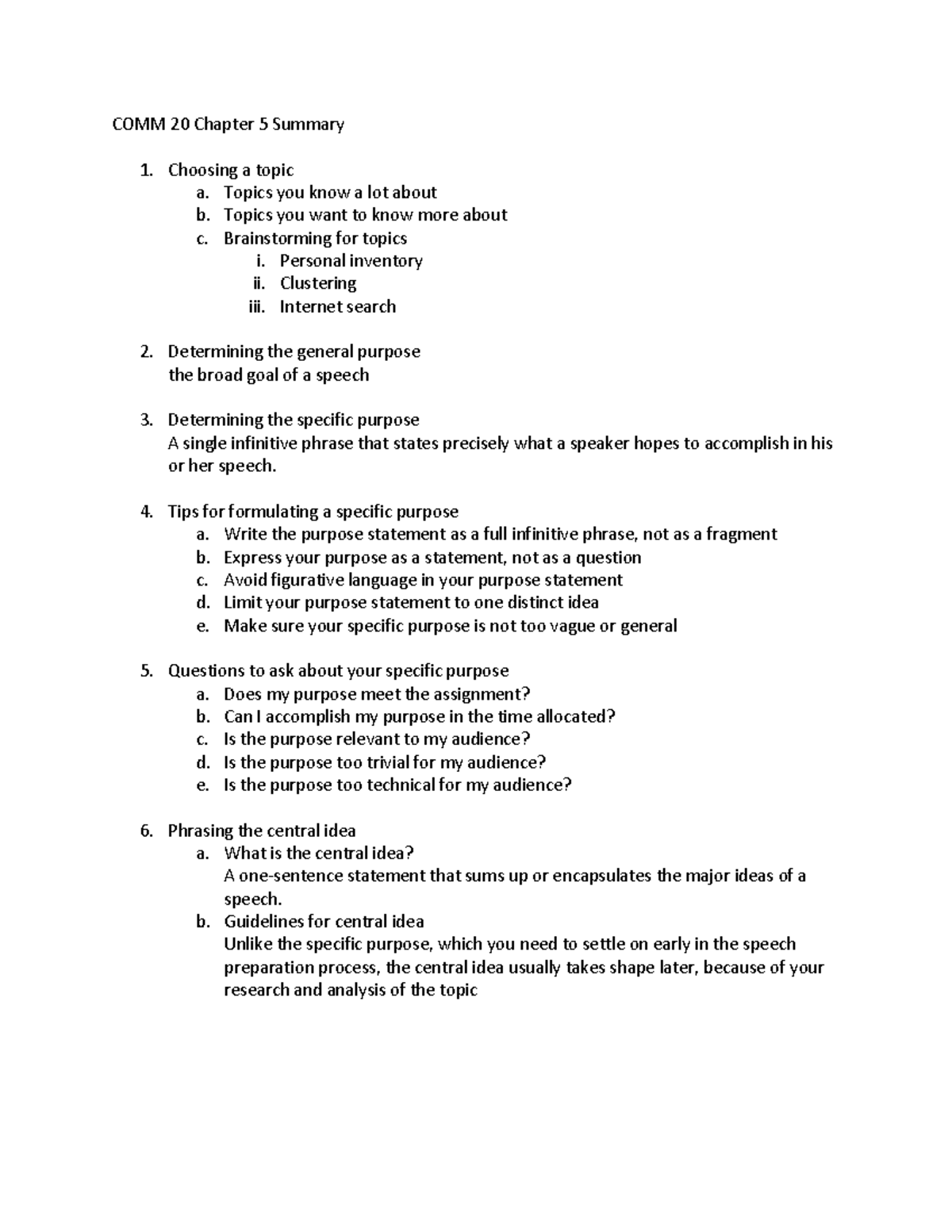 COMM 20 Chapter 5 Summary - COMM 20 Chapter 5 Summary Choosing a topic ...