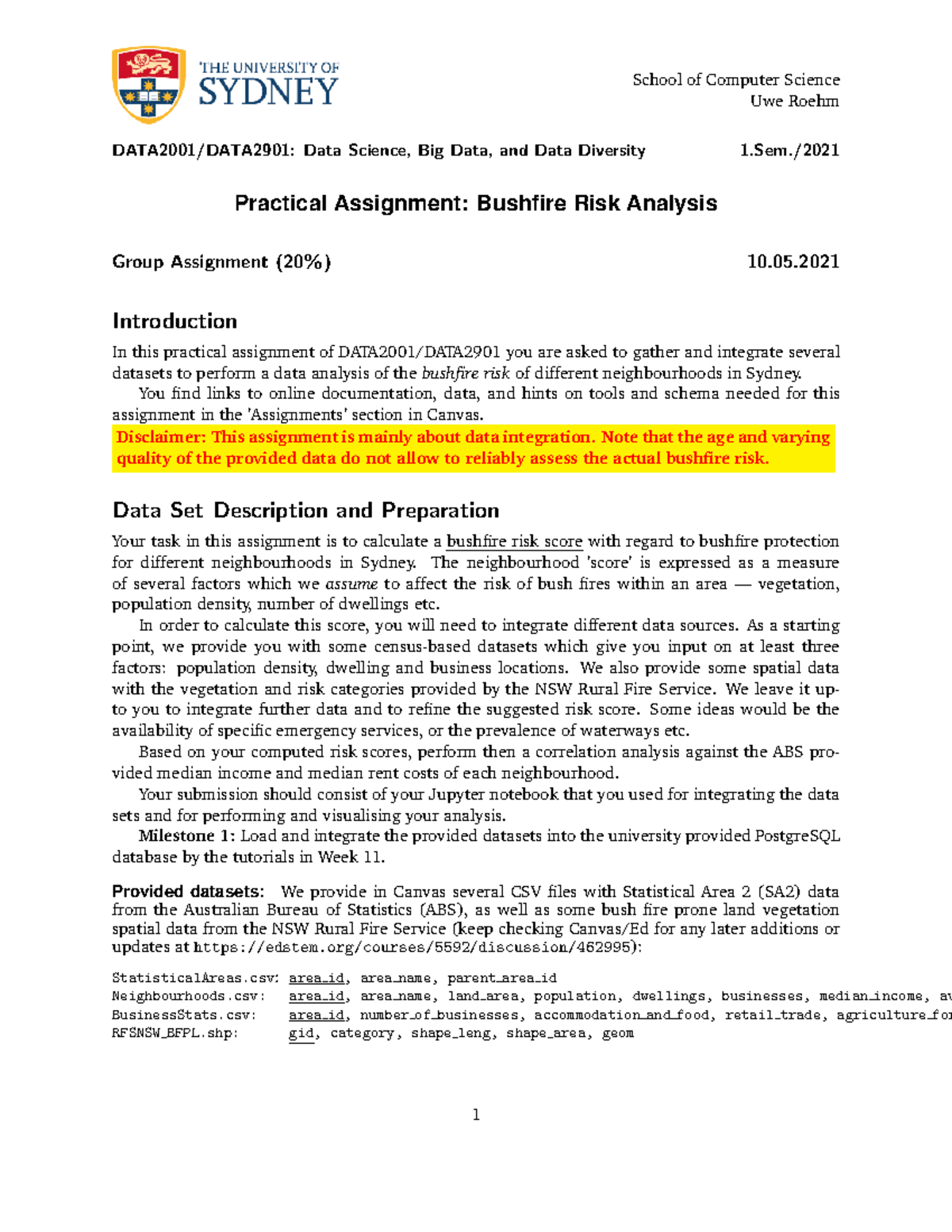 Data2001 y21s1 assignment - School of Computer Science Uwe Roehm ...