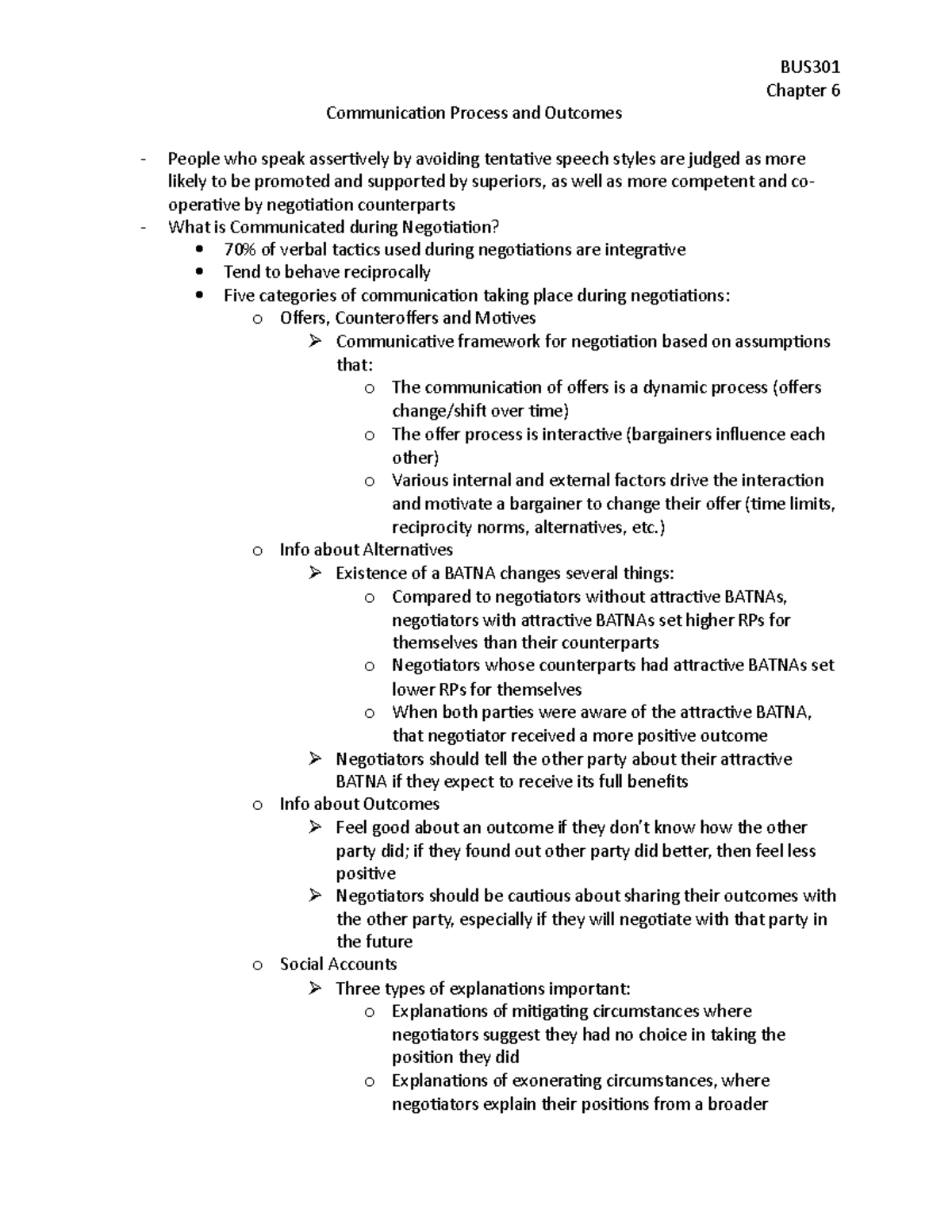 Chapter 6 - Summary Essentials of Negotiation - Chapter 6 Communication Process and Outcomes ...