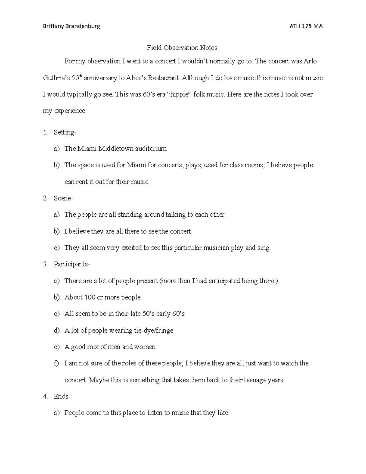 Field Observation Notes Brittany Brandenburg - Field Observation Notes ...