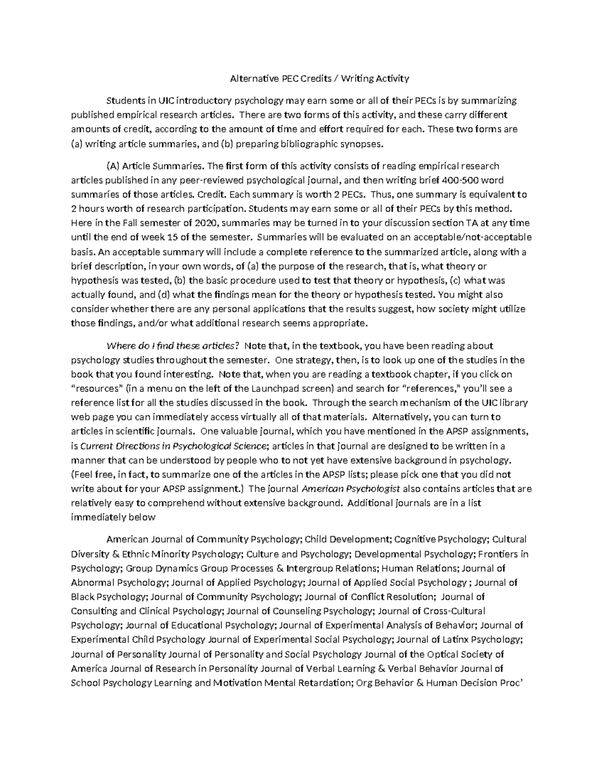 Alternative pec activity summarizing psych articles - Alternative PEC ...