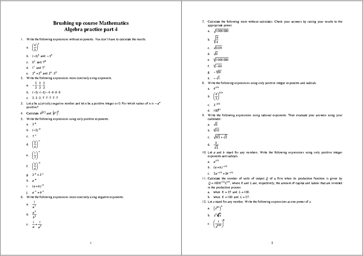 8 Algebra Practice 4 Exercises 1 Brushing Up Course Mathematics Algebra Practice Part 4 Write 